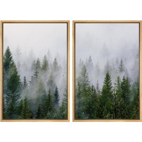 IDEA4WALL Morning Mist Green Pine Tree Forest Nature Landscape Print Decor On Canvas 2 Pieces ...